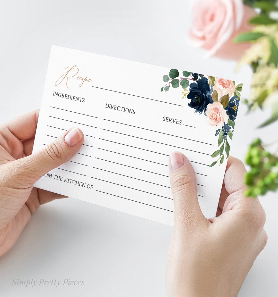 Navy Pink Rose Gold Floral Editable Recipe Card, Recipe Card DIY ...
