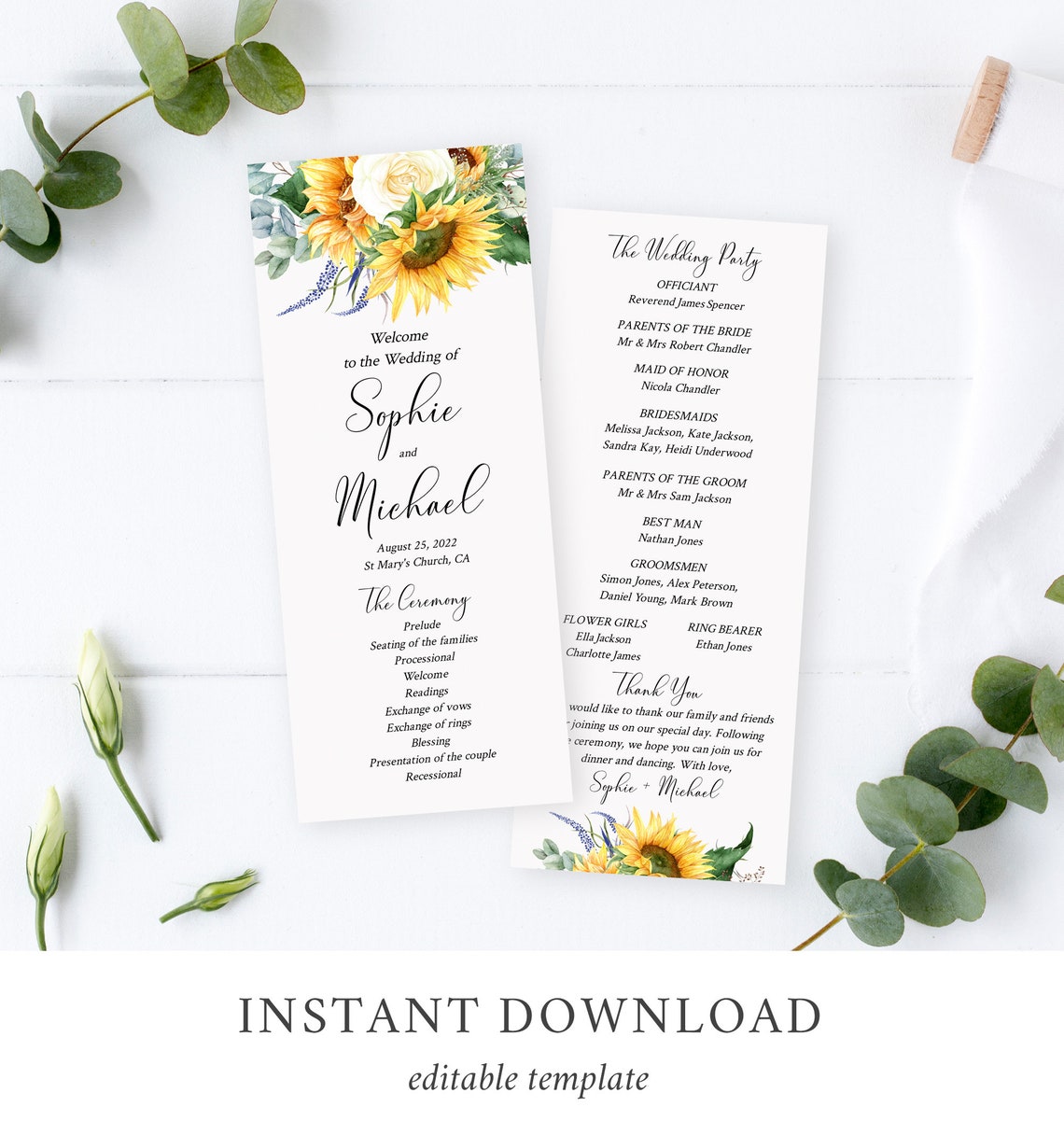 Sunflower Editable Wedding Program Yellow Floral Program - Etsy