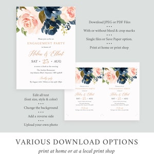 Editable Rose Gold Navy Blush Floral Engagement Party Invitation, Blue ...