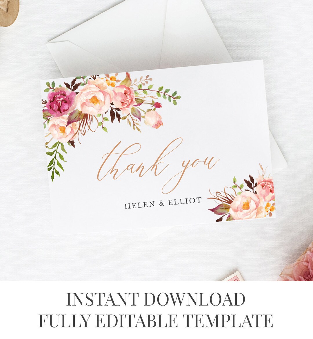 Rose Gold Printable Thank You Cards, Editable Blush Floral Thank You Cards, DIY Template, Pink ...