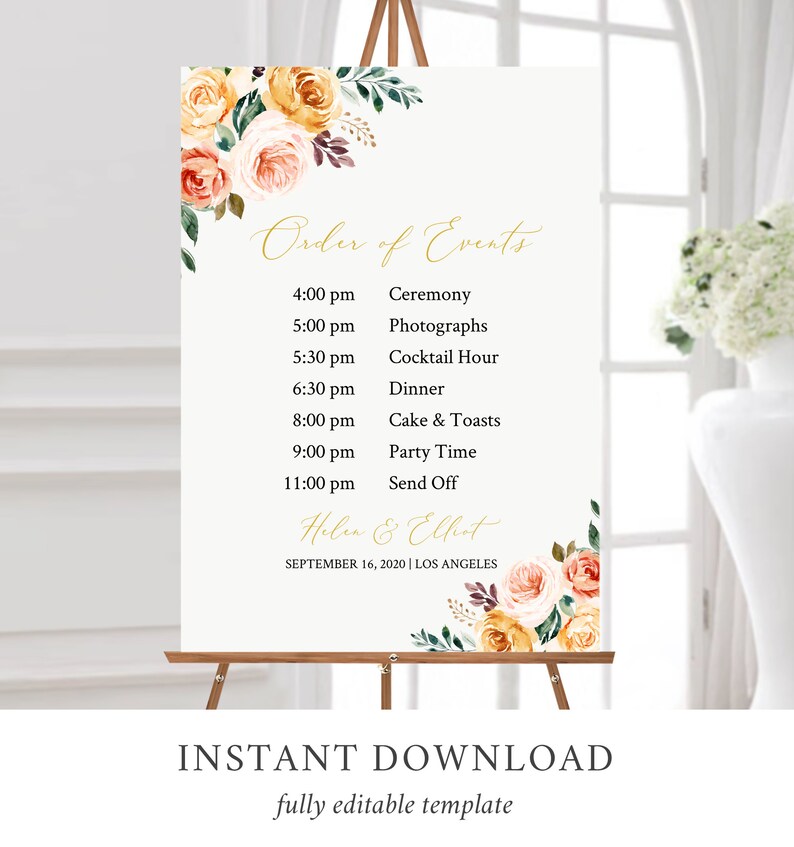 Gold Floral Editable Order of Events Sign, Order of the Day Sign, Fall ...