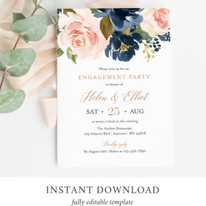 Editable Rose Gold Navy Blush Floral Engagement Party Invitation, Blue ...