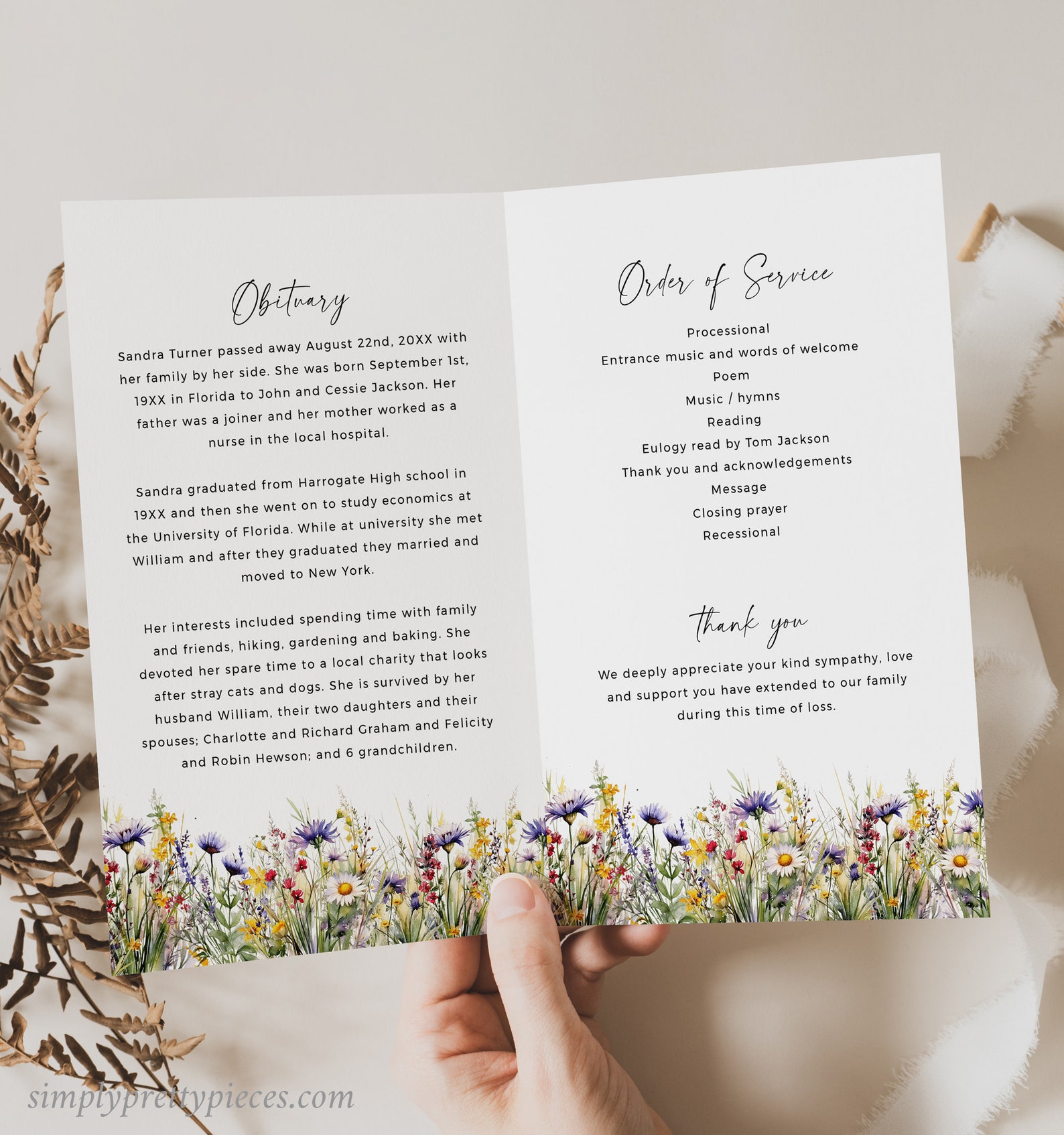 Bright Wildflower Celebration of Life Booklet Program, Foldable Funeral ...