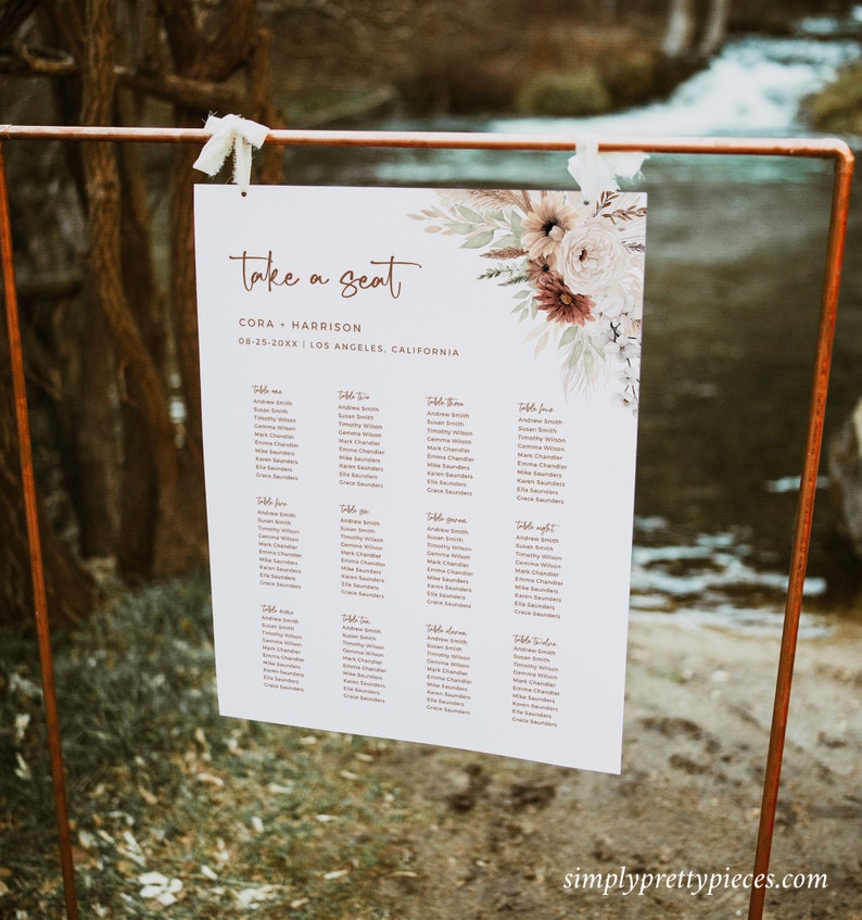 Boho Editable Seating Chart Modern Pampas Grass Printable - Etsy