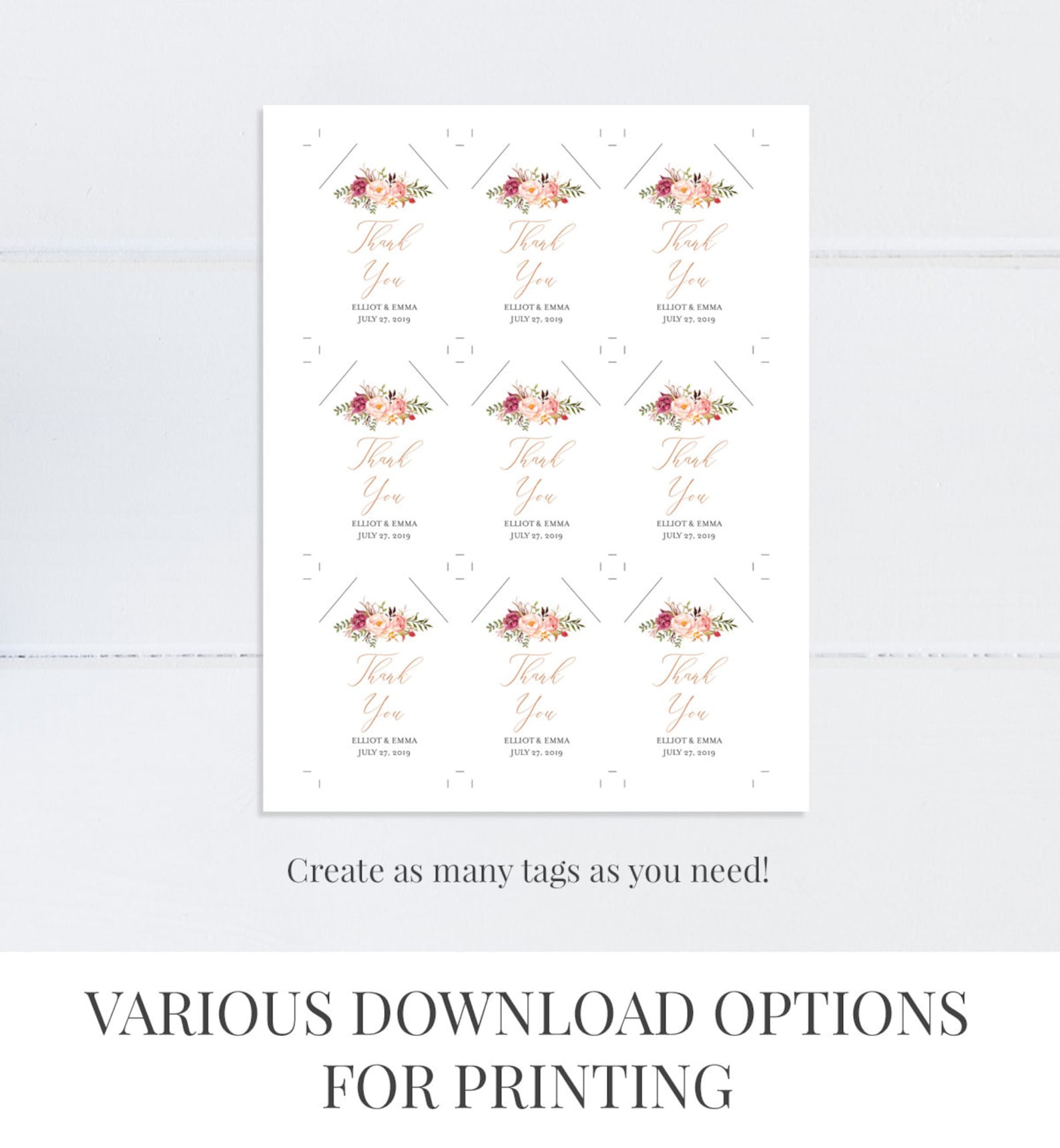 Rose Gold Floral Editable Tags Printable Boho Favor Tags - Etsy