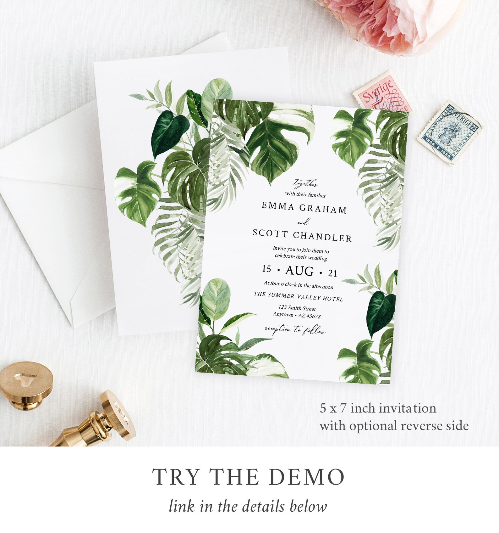Editable Monstera Wedding Invitation, Tropical Greenery Wedding Invite ...