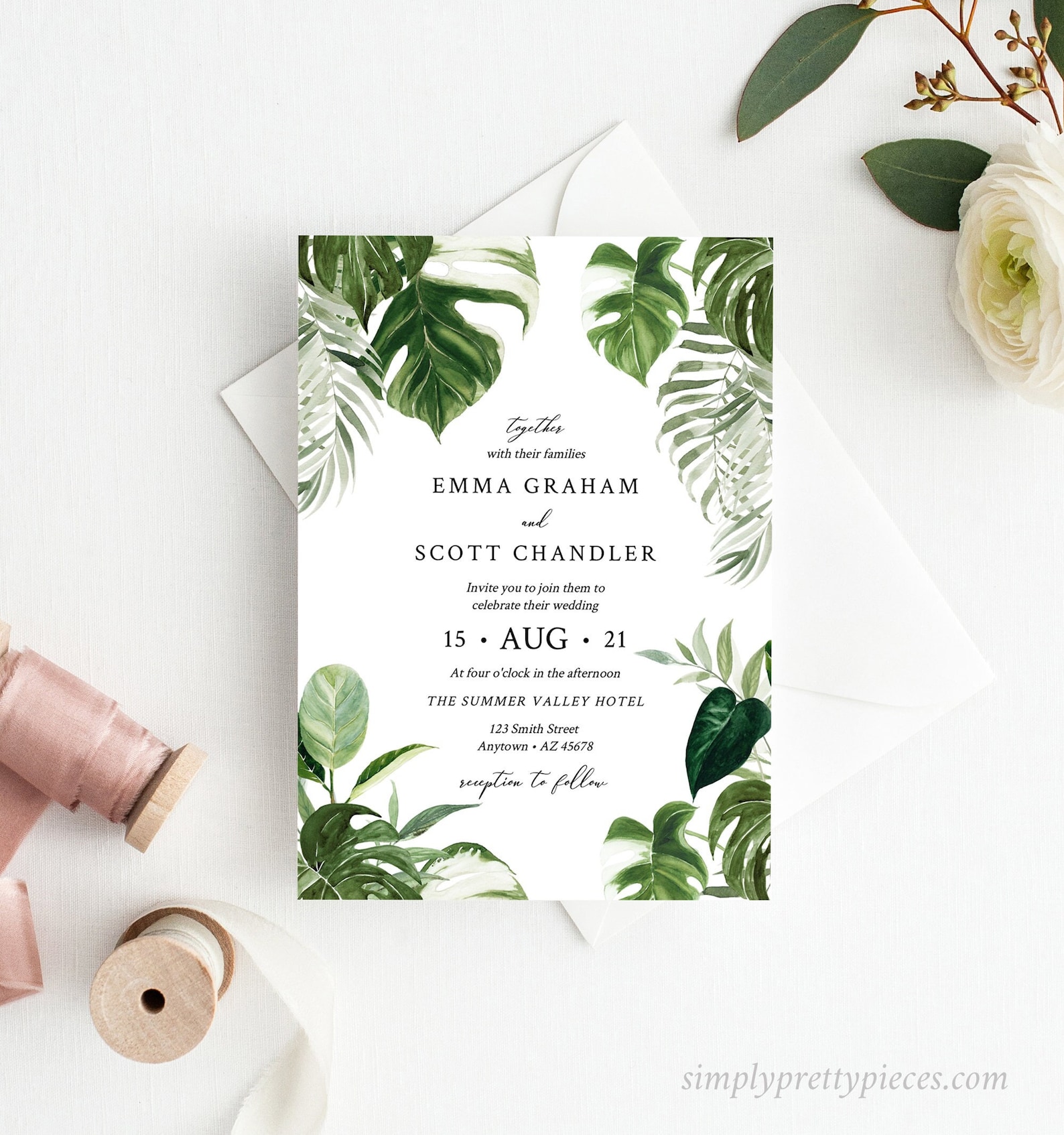 Editable Monstera Wedding Invitation, Tropical Greenery Wedding Invite ...