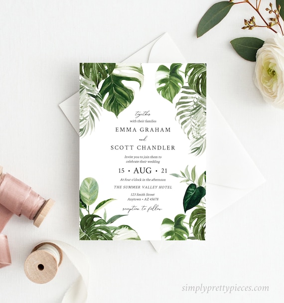 Editable Monstera Wedding Invitation Tropical Greenery | Etsy
