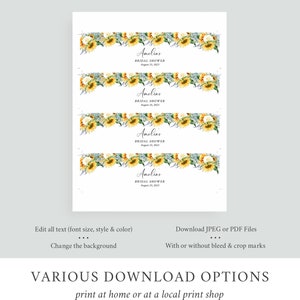 Sunflower Editable Water Bottle Labels, Yellow Floral Eucalyptus Water ...