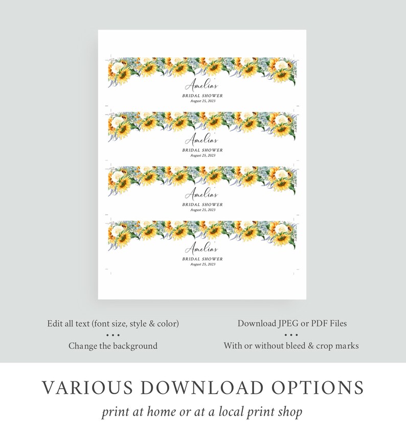 Sunflower Editable Water Bottle Labels Yellow Floral - Etsy