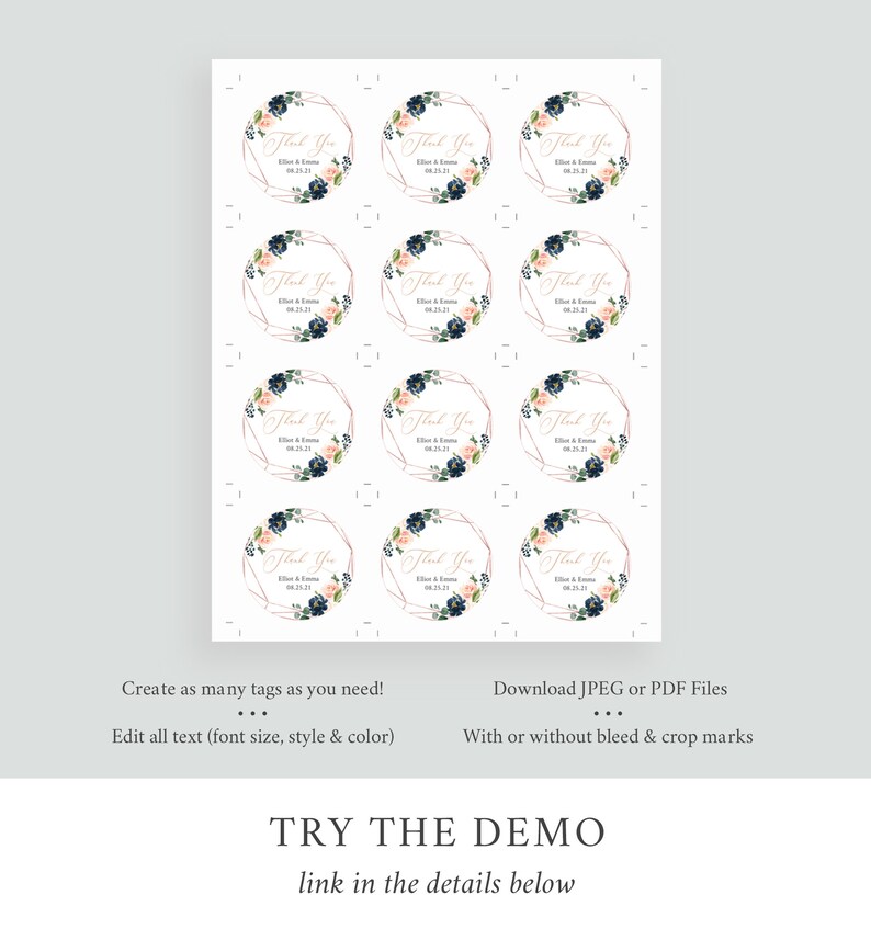 Navy Blush Rose Gold Geometric Round Editable Tags Printable | Etsy