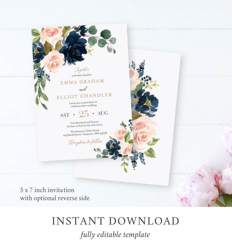 Rose Gold Navy Blush Floral Editable Wedding Invitation Suite - Etsy