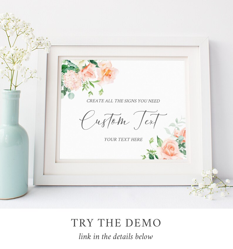 Peach Floral Editable Custom Wedding Sign, Peach Rose Unlimited Signs ...