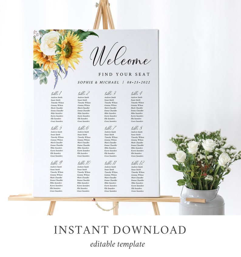 Sunflower Editable Table Plan Yellow Floral Wedding Printable - Etsy