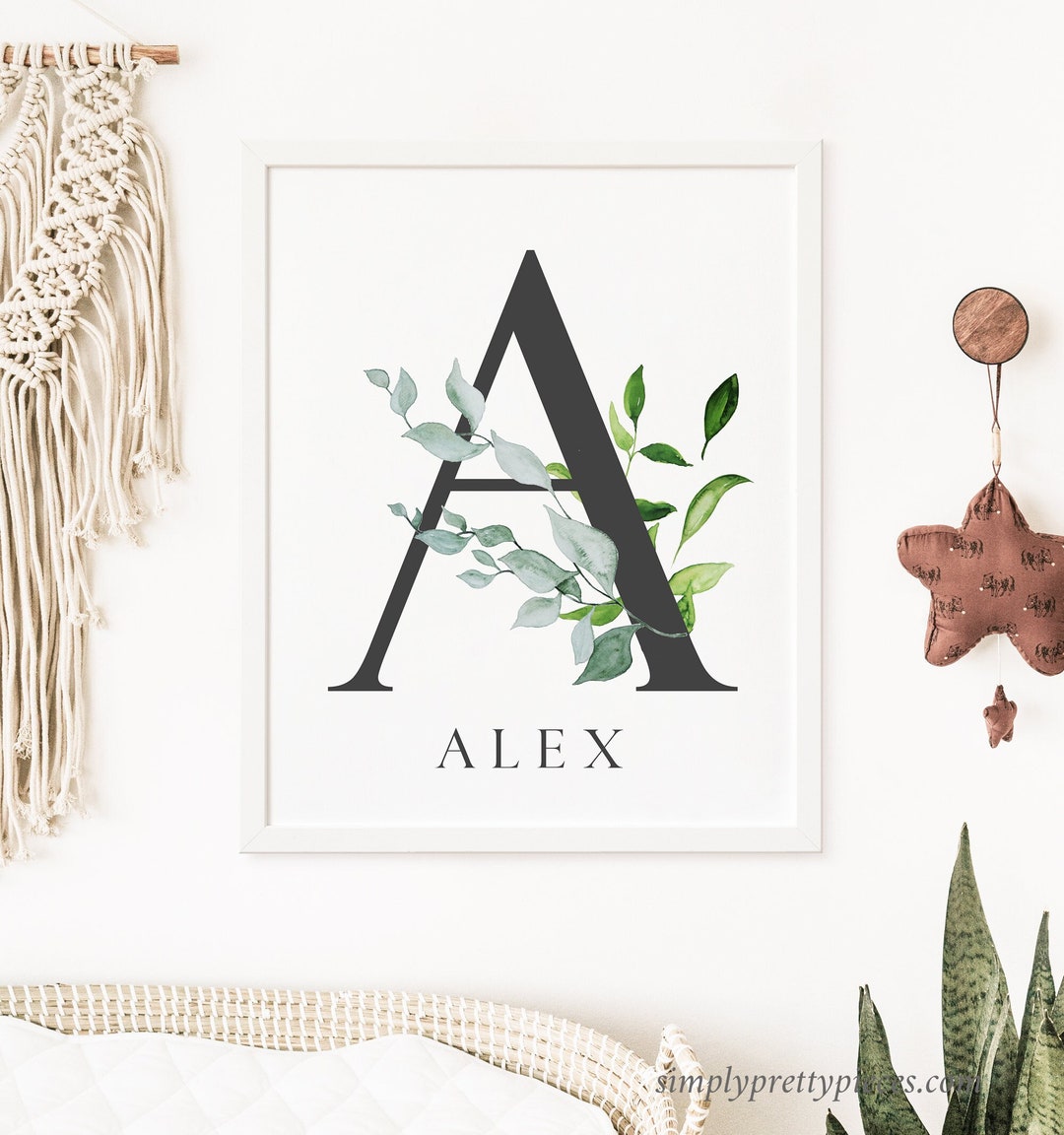 Monogram Printable Wall Art Botanical Monogram Nursery Print Green Leaf ...