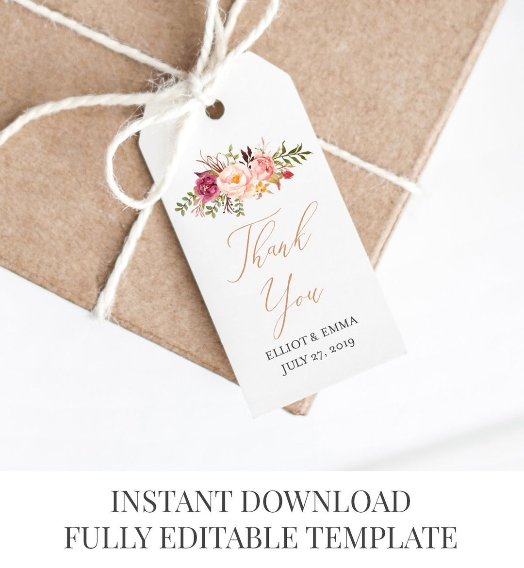 Rose Gold Floral Editable Tags, Printable Boho Favor Tags, Blush Pink ...