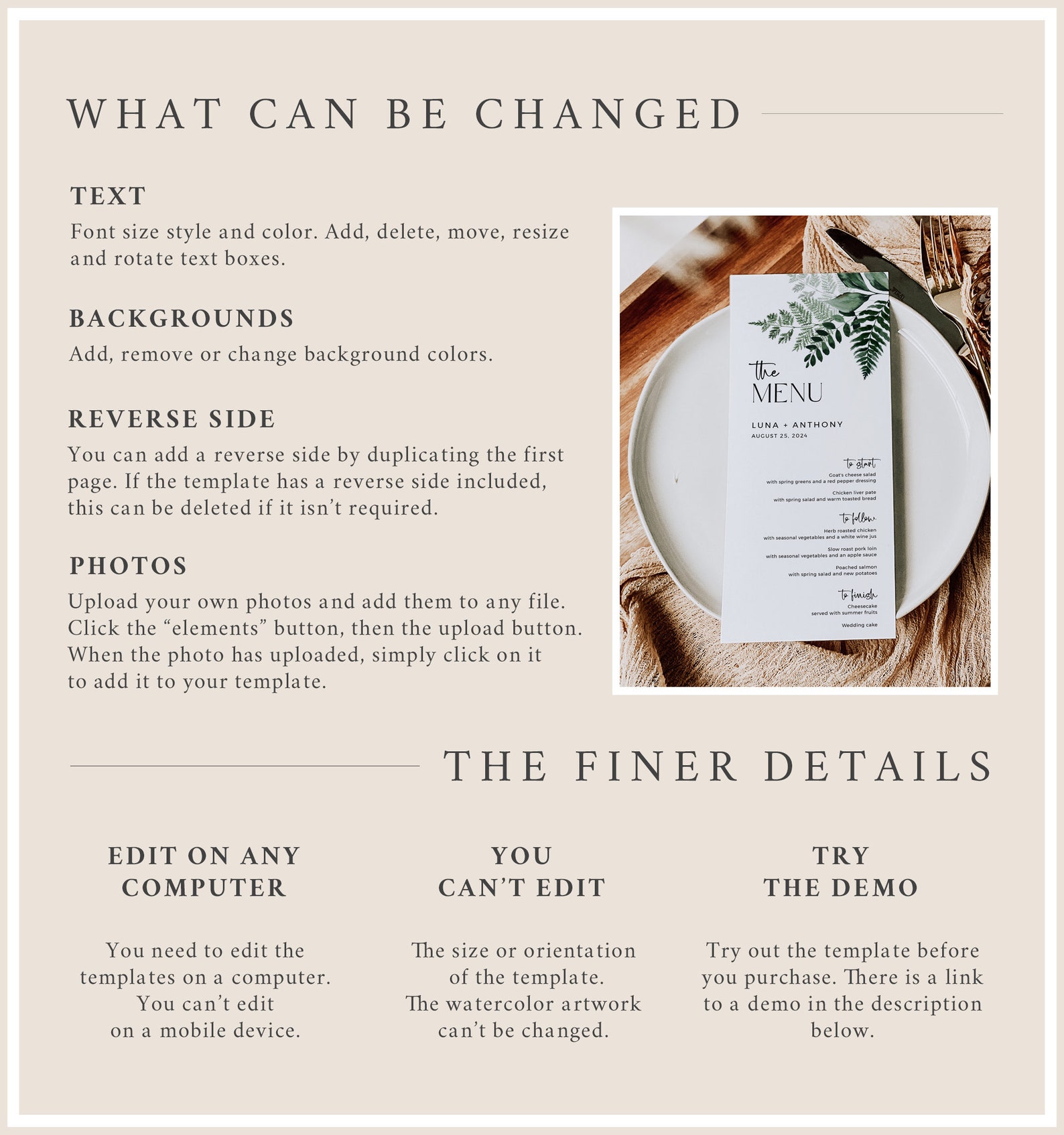 Modern Botanical Editable Menu Greenery Minimal Table Wedding - Etsy
