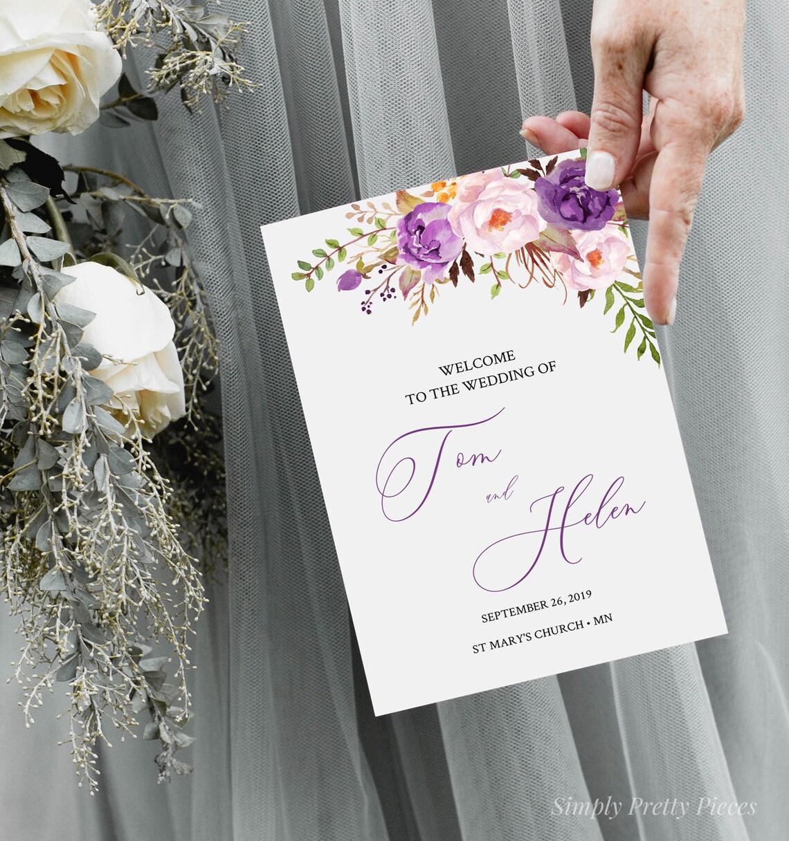 Purple Violet Floral Booklet Program, Foldable Wedding Program, Boho ...