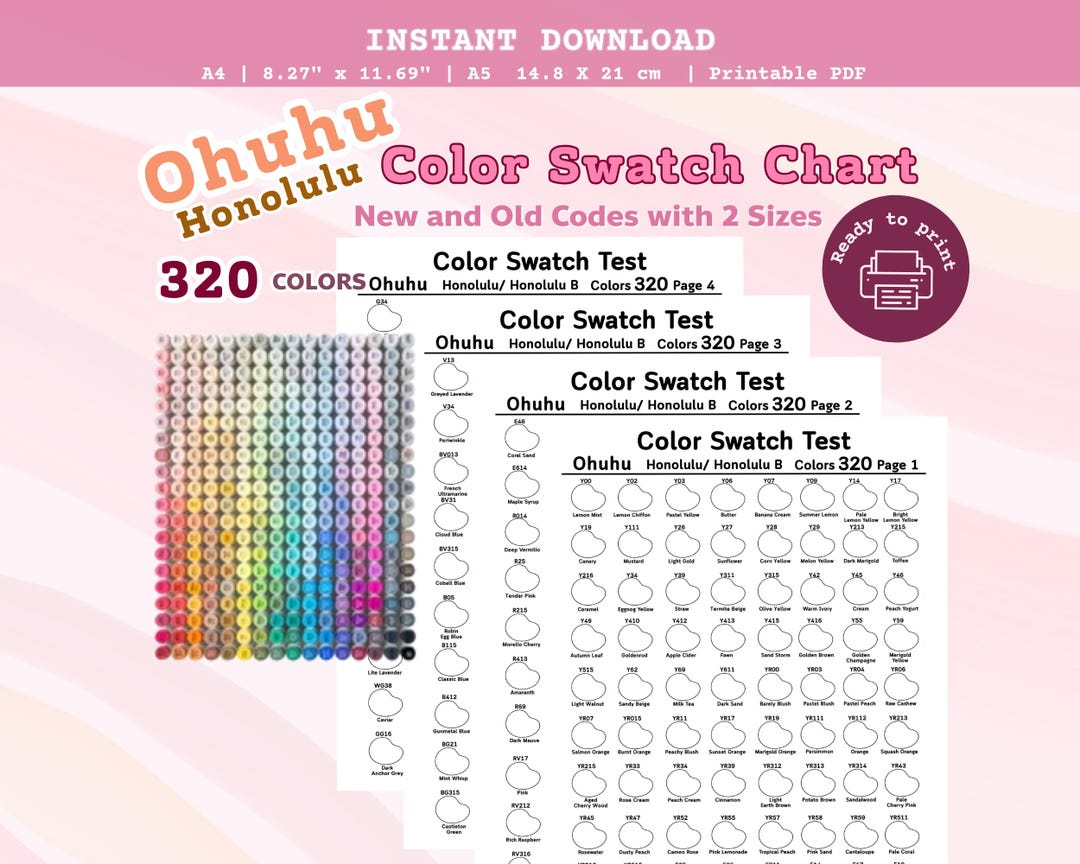 Ohuhu Honolulu 320 Color Swatch Chart Printable PDF, New & Old Codes ...