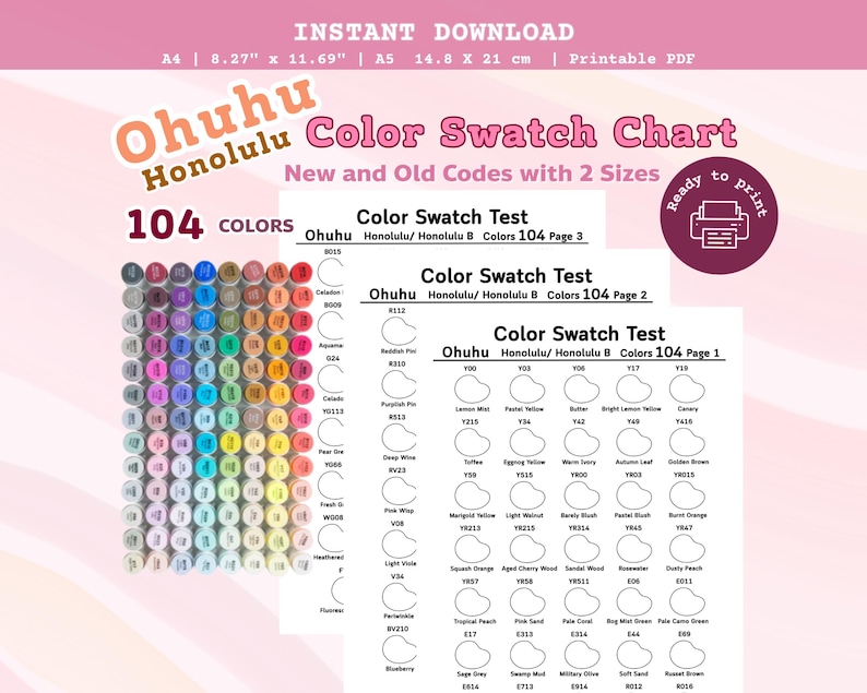 Ohuhu Honolulu 104 Color Swatch Chart Printable PDF, New & Old Codes ...
