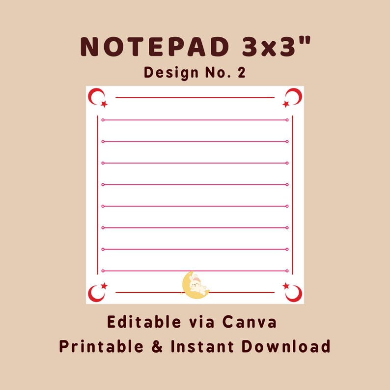 Notepad 3x3" Printable Editable Canva Notes Kawaii Bunny Memo Pad Cozy ...