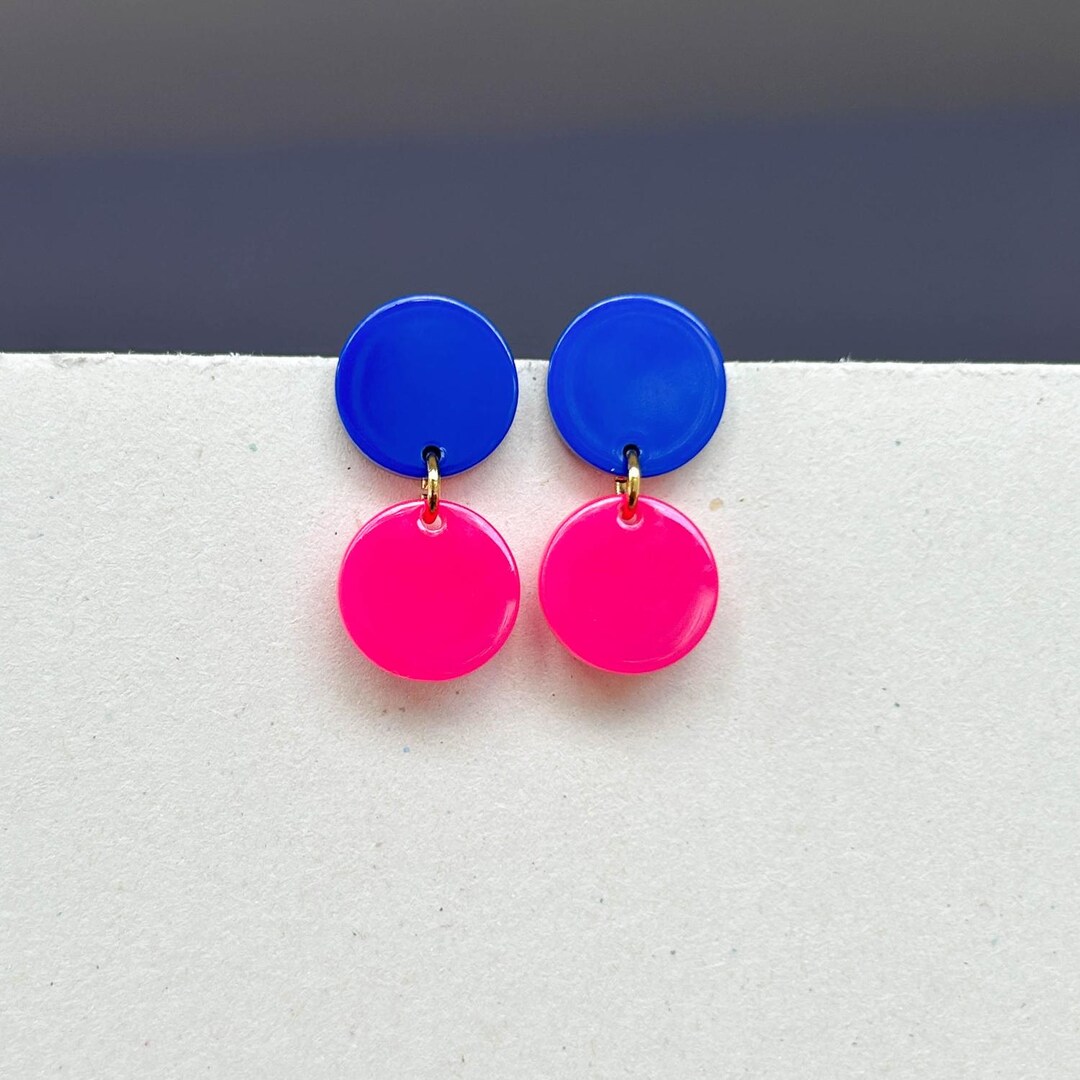 Colorblock Statement Earrings Blue/neon Pink Gifts for Her - Etsy