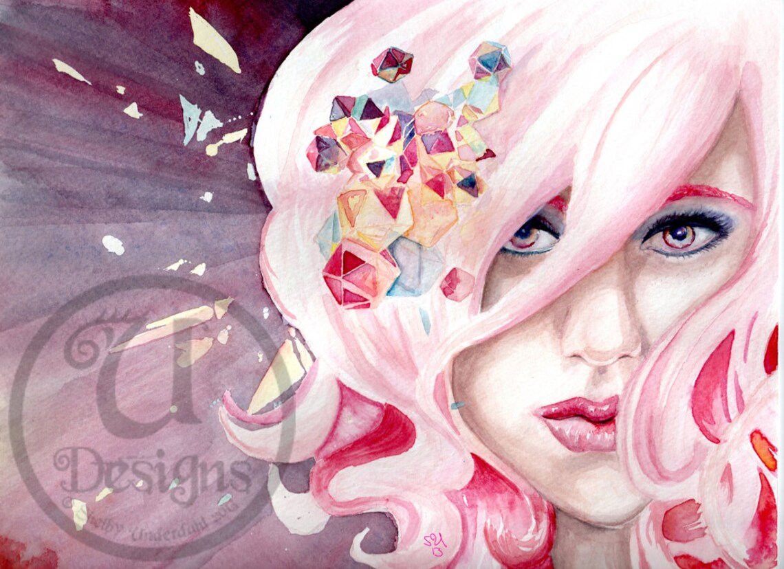 Pink Prism Watercolor Portrait of Woman With Pink Hair and Prisms ...