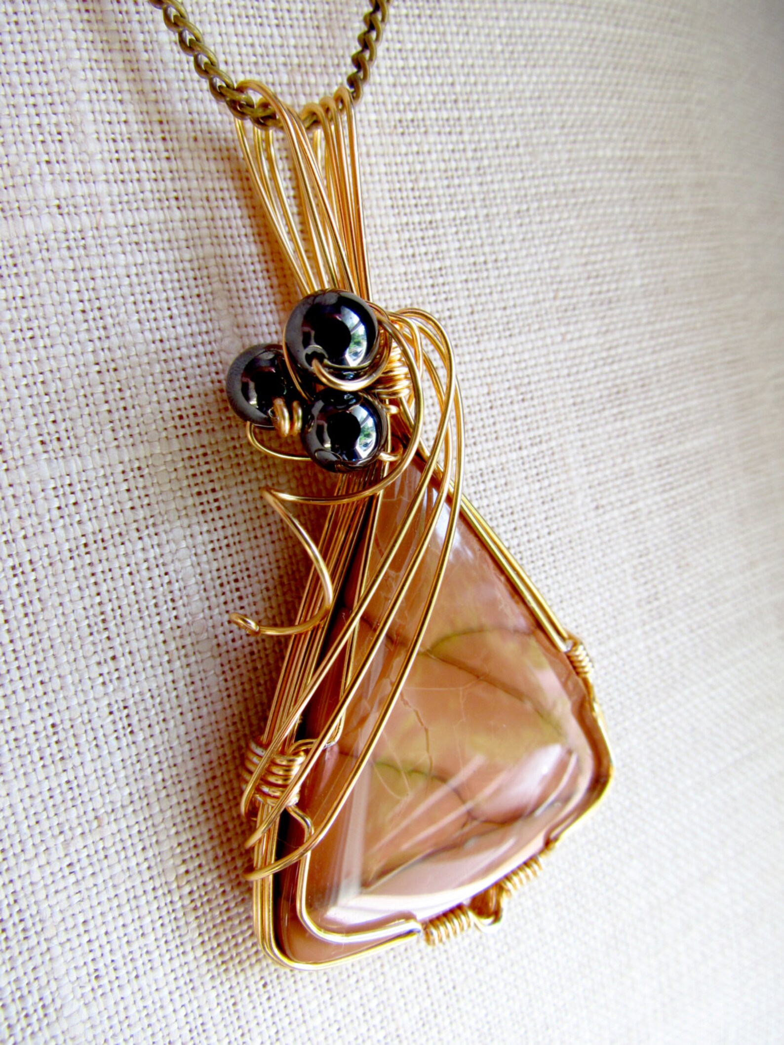 Bruneau Jasper Triangular Cabochon Wire Wrapped in Golden German Style ...