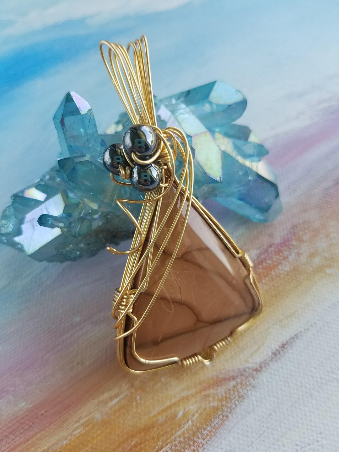 Bruneau Jasper Triangular Cabochon Wire Wrapped in Golden German Style ...