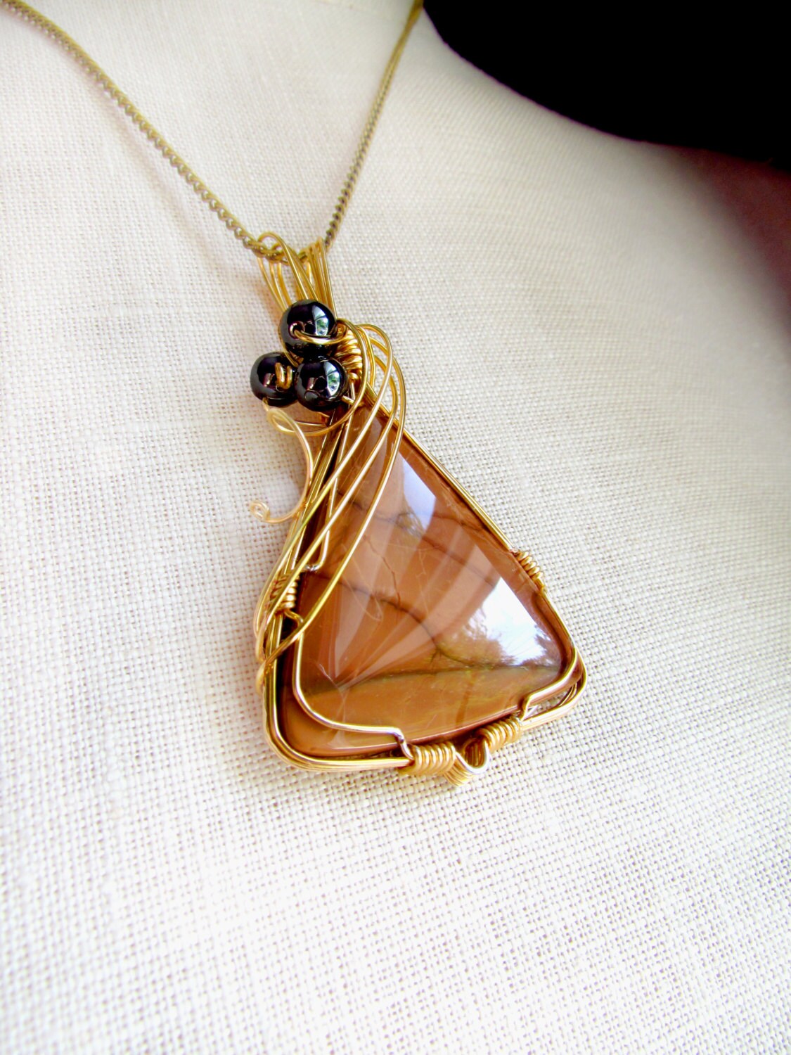 Bruneau Jasper Triangular Cabochon Wire Wrapped in Golden German Style ...