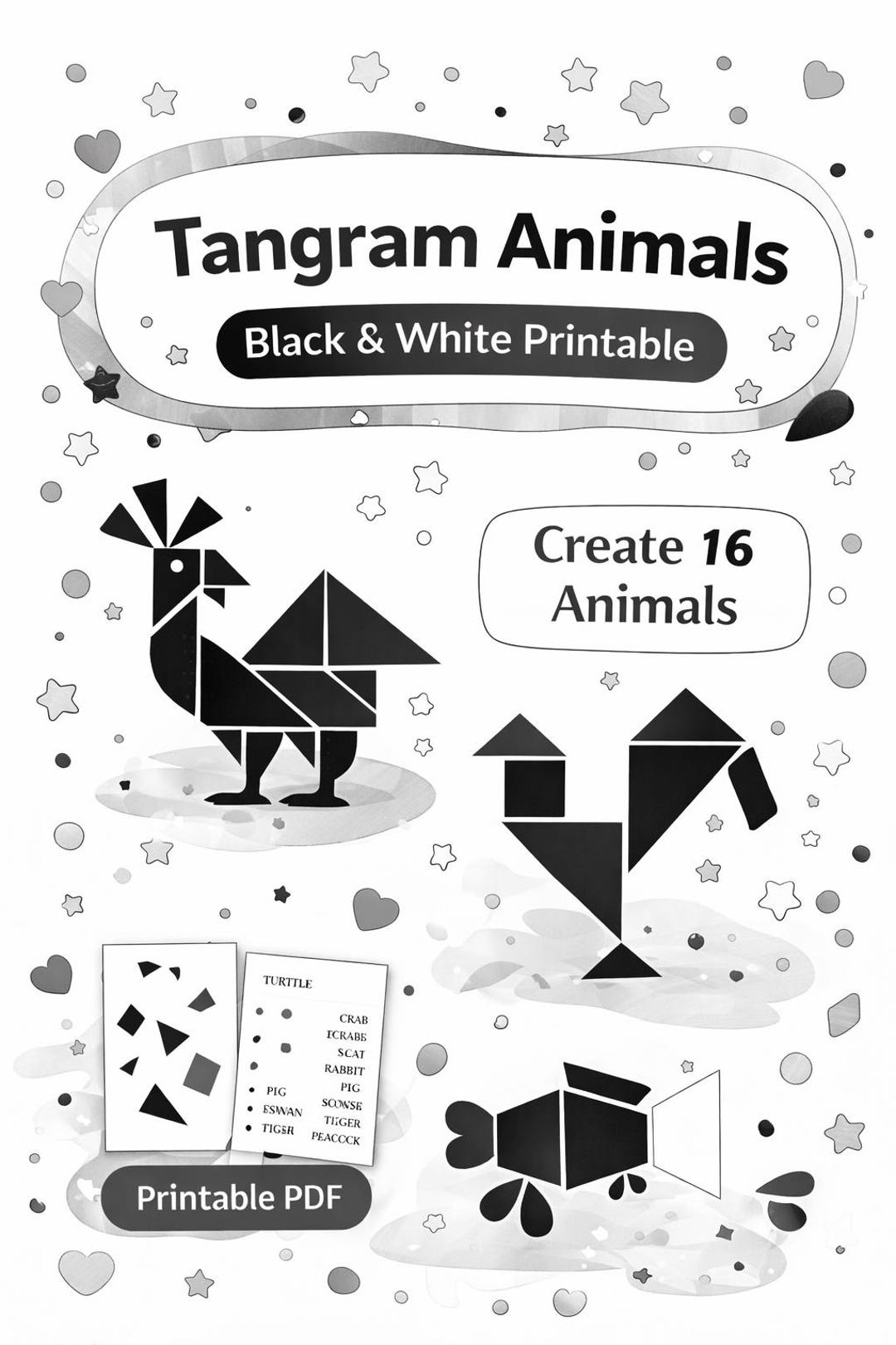 Black and White Tangram Animals – Montessori Puzzle (PDF Download) - Etsy