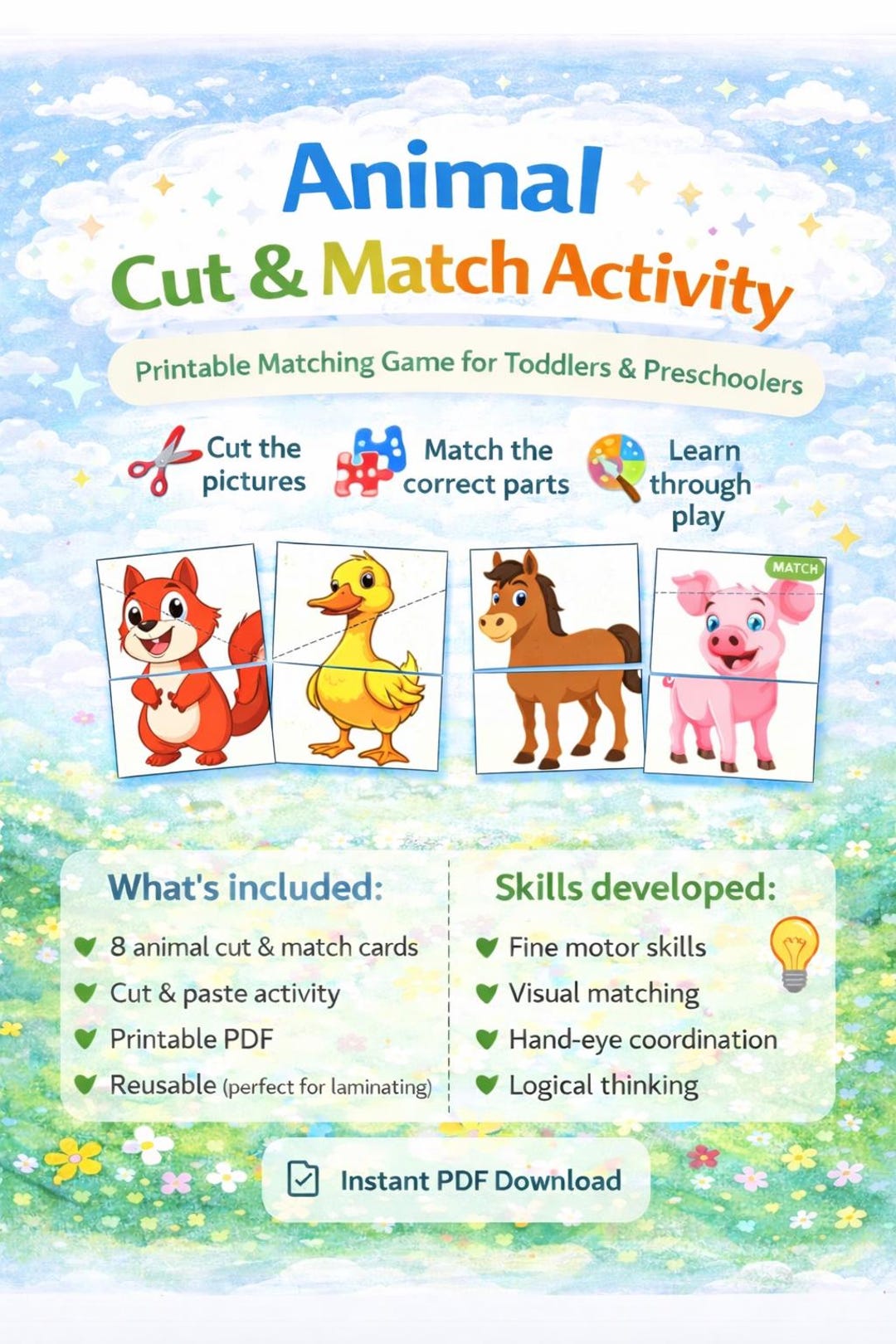 Animal Matching Game | Fine Motor Skills Activity (printable PDF ...