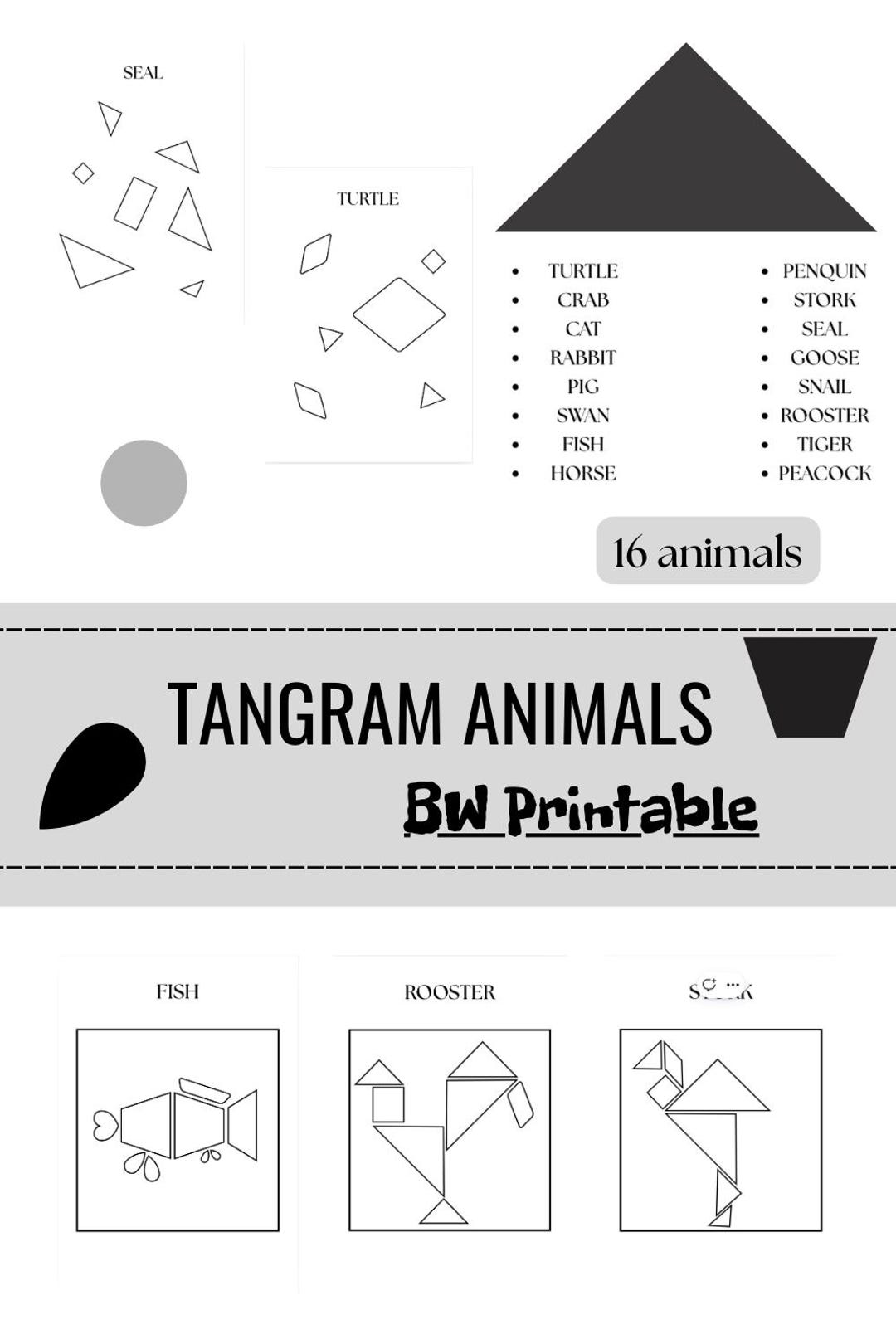 Black and White Tangram Printable – Montessori Puzzle for Kids, Shapes ...
