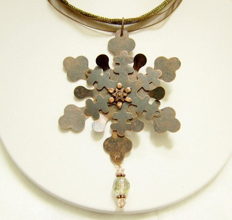Copper Snowflake Necklace Large Metal Pendant With Crystals - Etsy