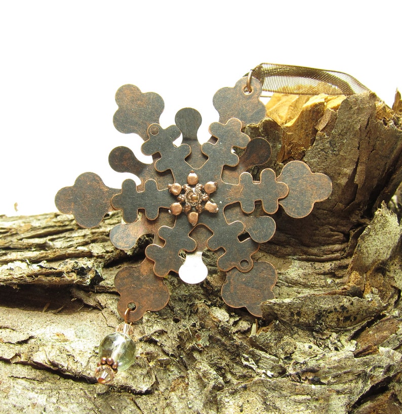 Copper Snowflake Necklace Large Metal Pendant With Crystals - Etsy