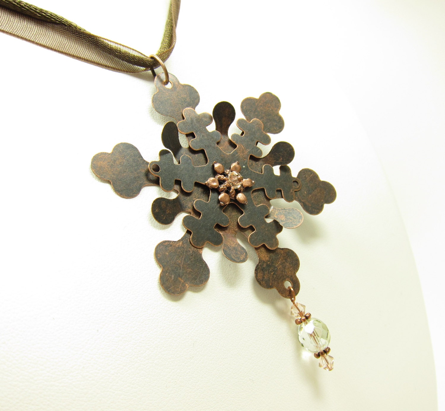 Copper Snowflake Necklace Large Metal Pendant With Crystals - Etsy