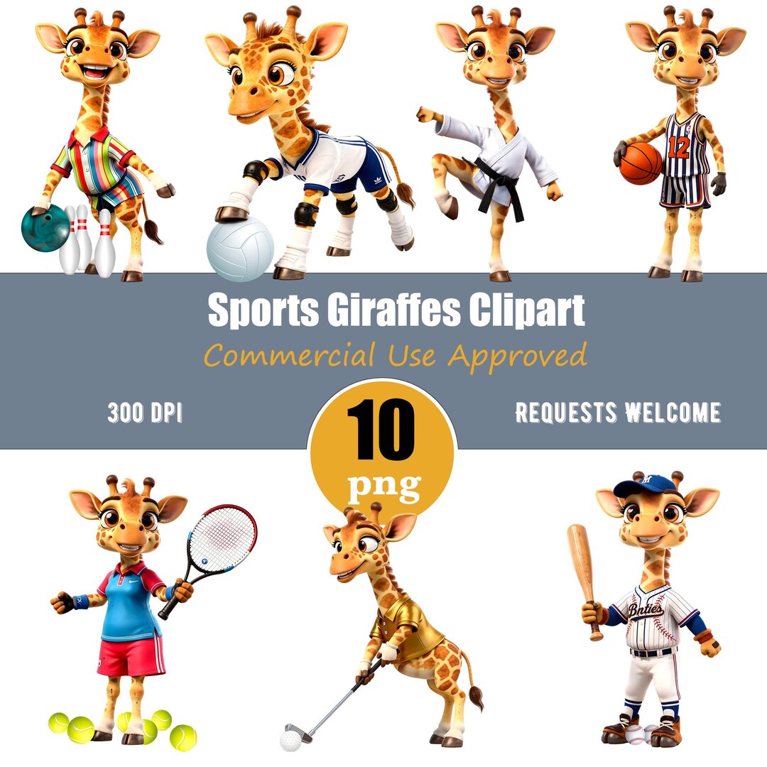Sports Giraffes Clipart Bundle | 10 PNG Illustrations (commercial Use ...
