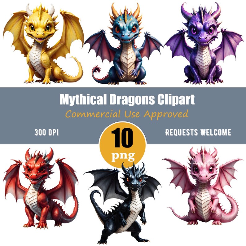Mythical Dragons Clipart Bundle | 10 PNG Illustrations (commercial Use ...