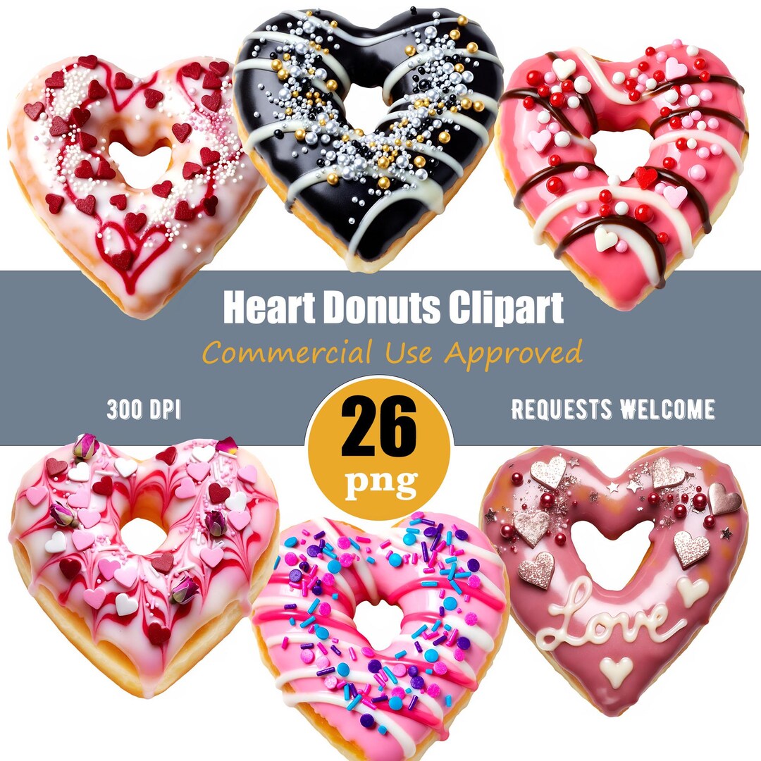 Heart Shaped Valentine's Donuts Clipart Bundle | 26 PNG Illustrations ...