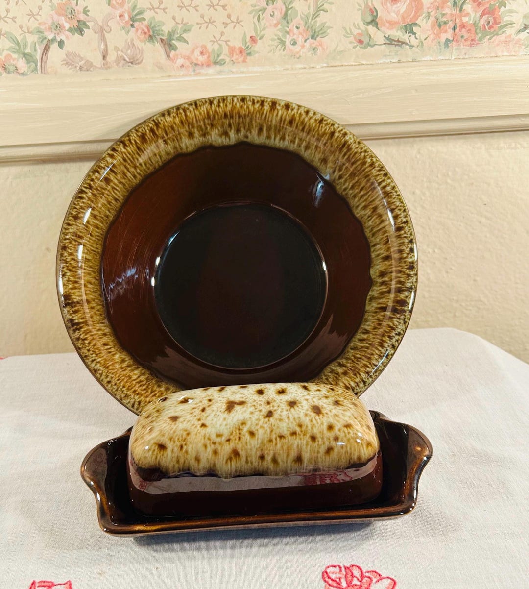 Vintage Harker Brown Drip Serving Bowl & Butter Dish – Quaker Maid ...
