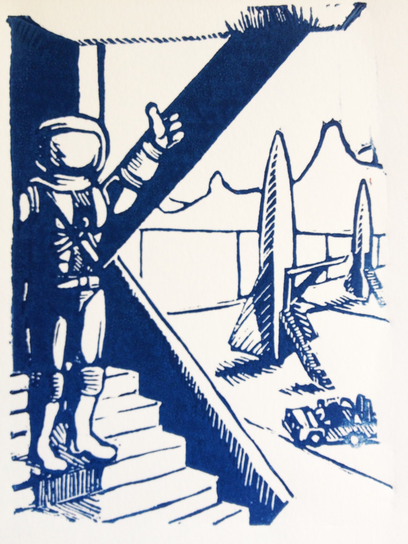 K: Retro Science Fiction Alphabet Letter, Astronaut Linocut (woodcut ...