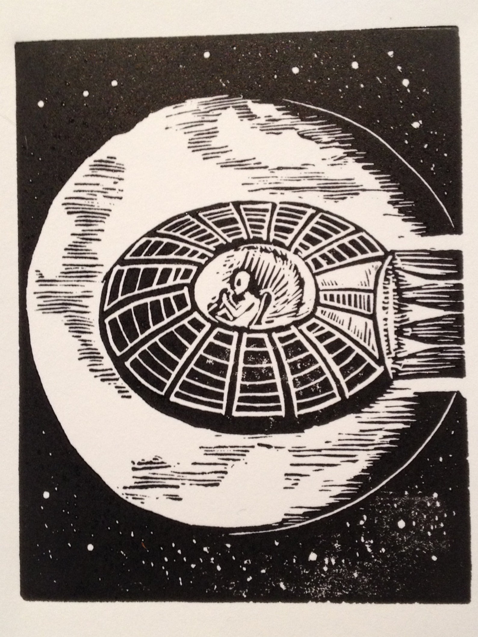 O: Retro Science Fiction Alphabet Letter, UFO Flying Saucer Linocut ...