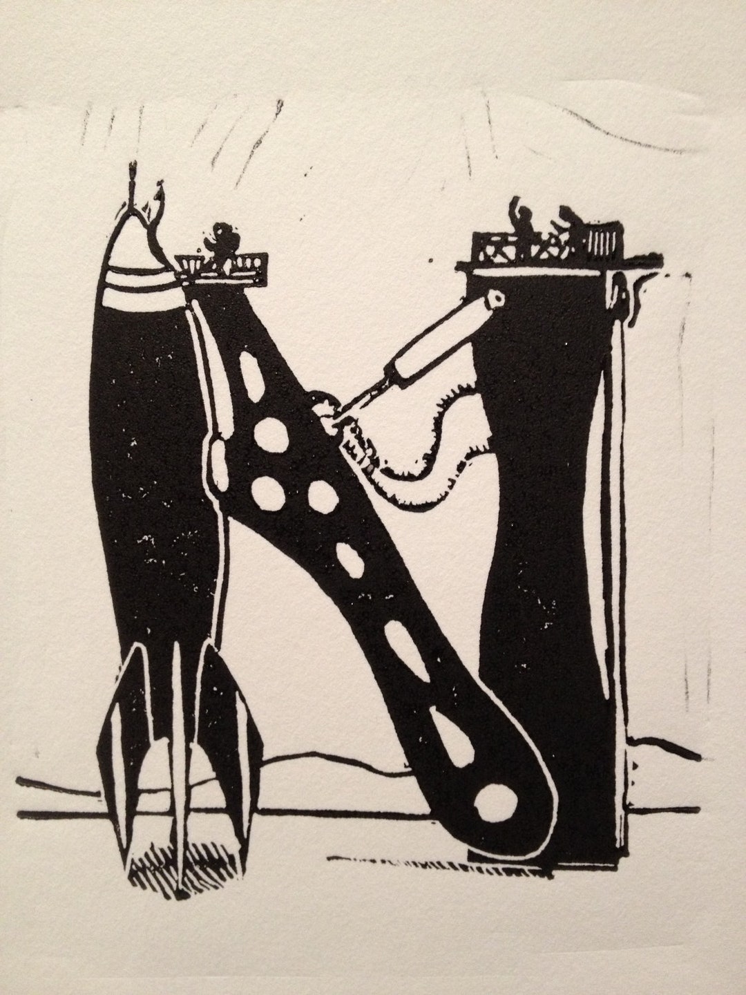 N: Retro Science Fiction Alphabet Letter, Rocket Linocut (woodcut-ish ...