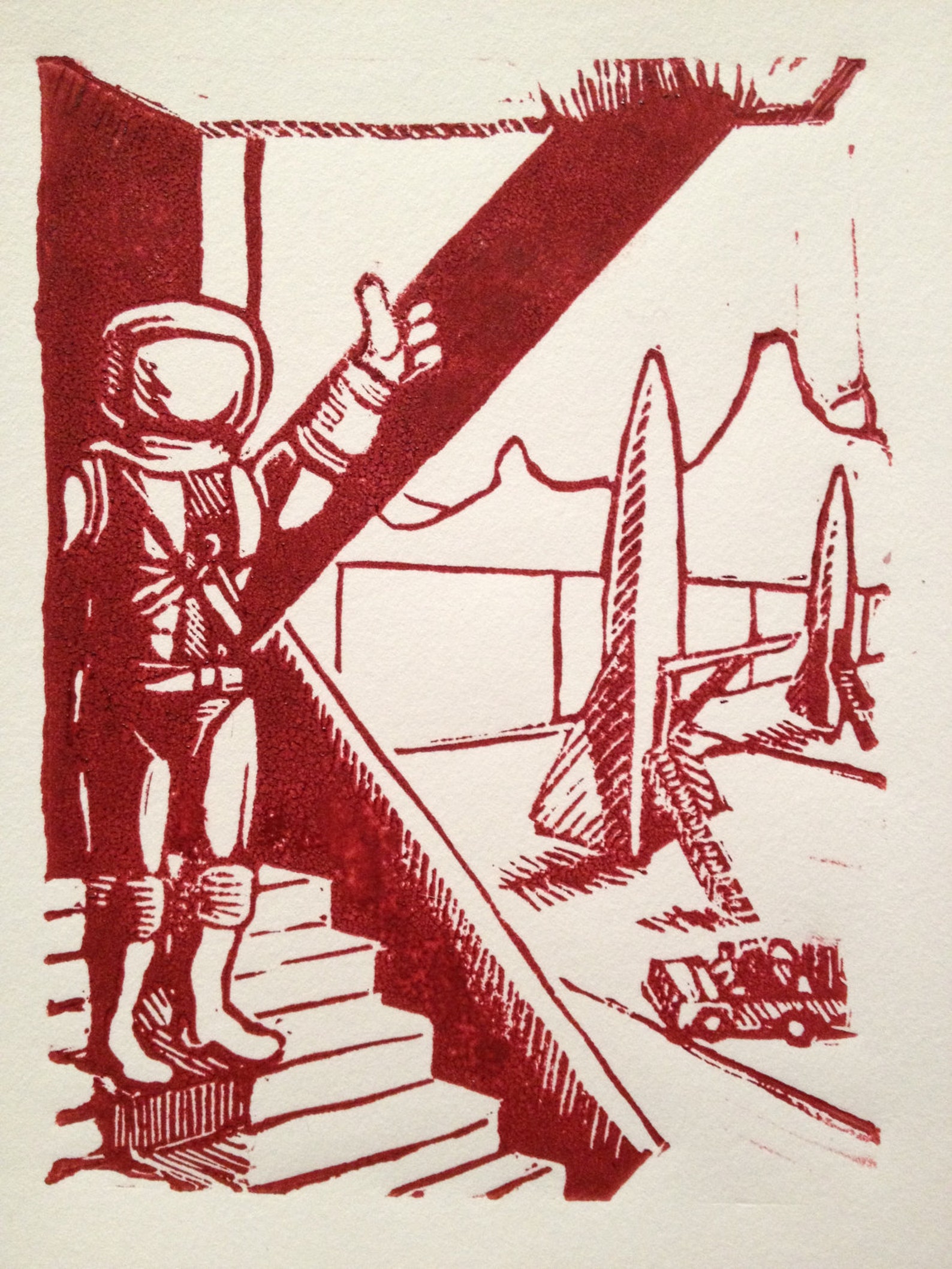 K: Retro Science Fiction Alphabet Letter, Astronaut Linocut (woodcut ...