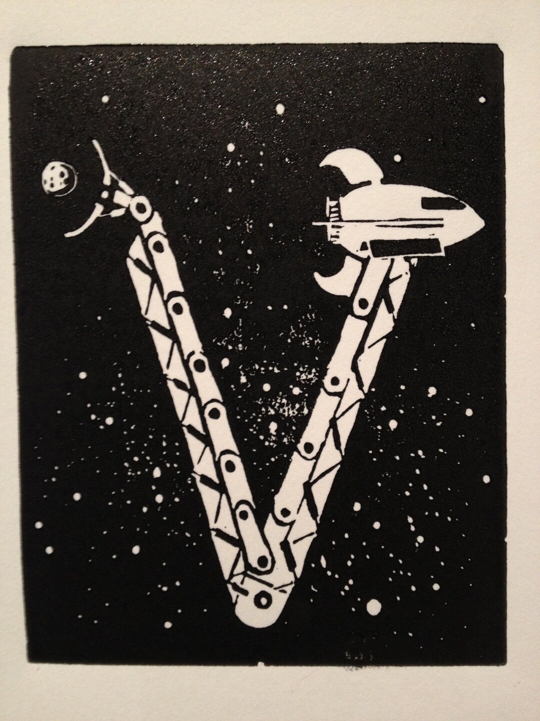 V: Retro Science Fiction Alphabet Letter, Robot Arm Linocut (woodcut ...