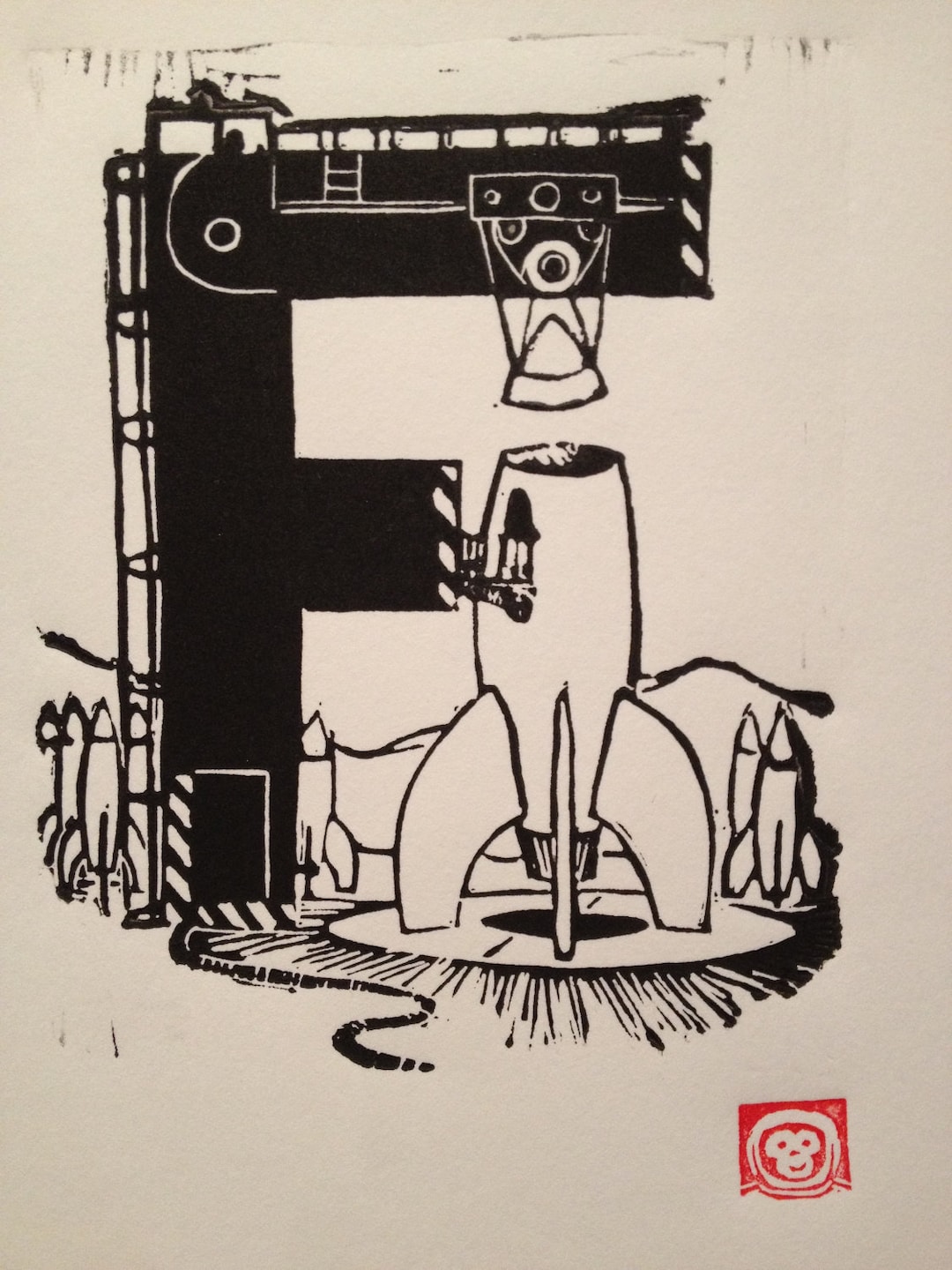 F: Retro Science Fiction Alphabet Letter, Rocket Gantry Linocut ...