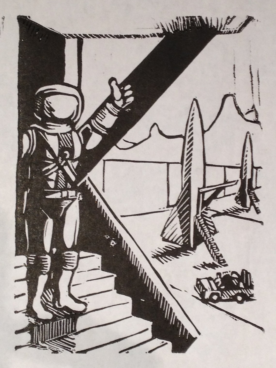 K: Retro Science Fiction Alphabet Letter, Astronaut Linocut (woodcut ...