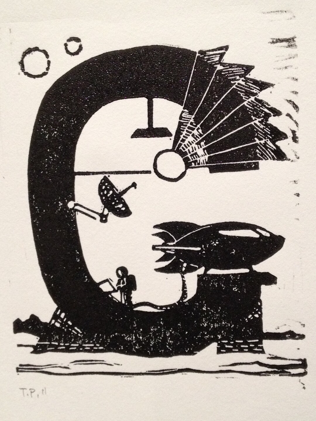 G: Retro Science Fiction Alphabet Letter, Moon Base Linocut (woodcut ...