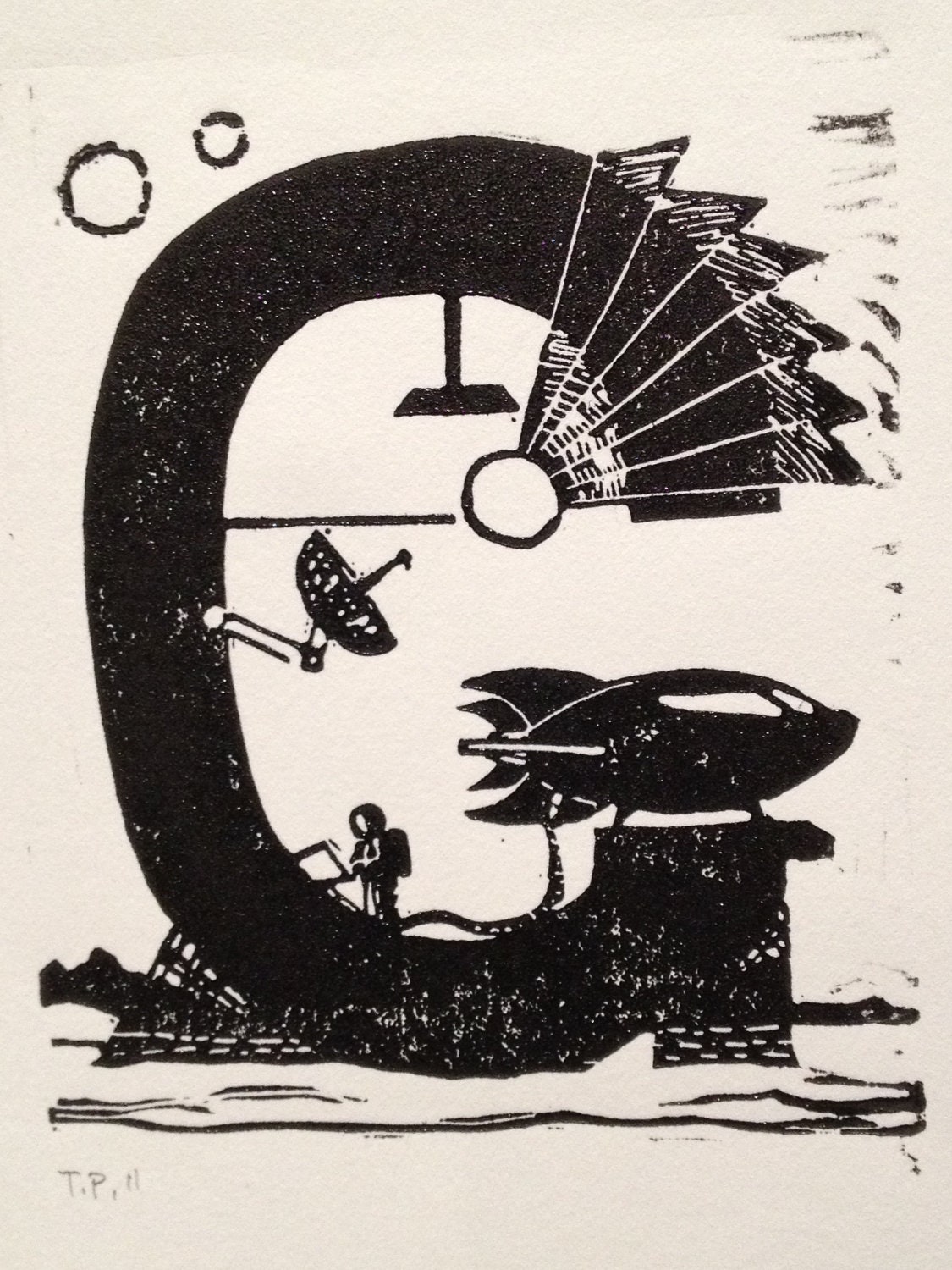 G: Retro Science Fiction Alphabet Letter, Moon Base Linocut (woodcut ...