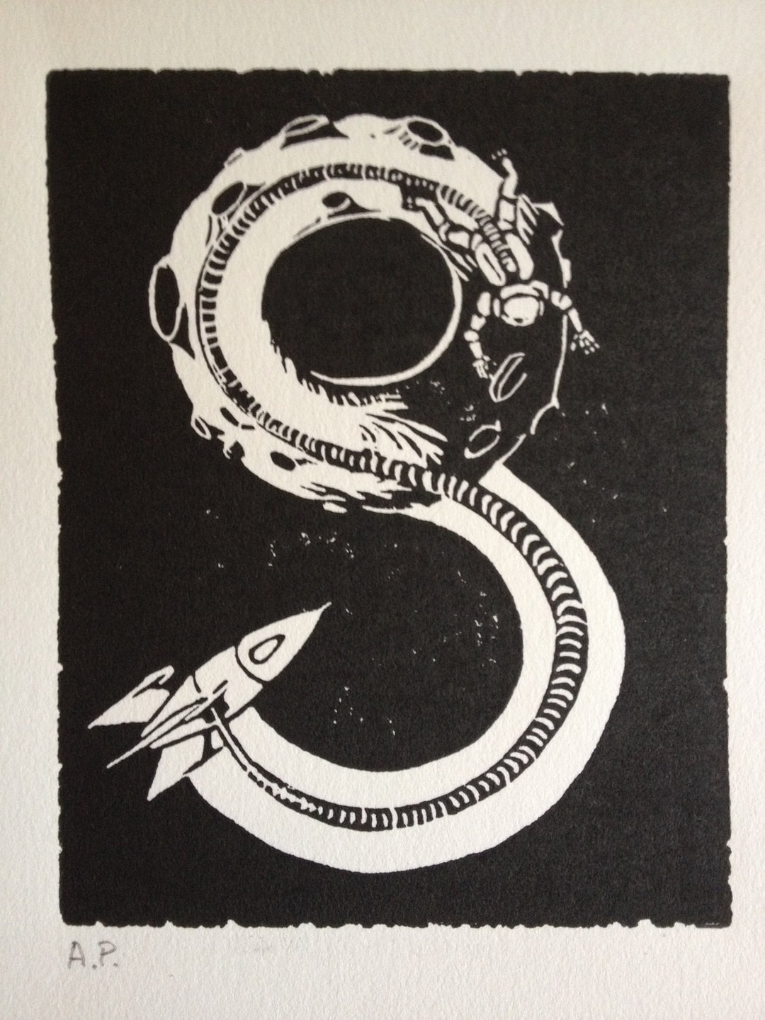 S: Retro Science Fiction Alphabet Letter, Monkey Spacewalk Linocut ...